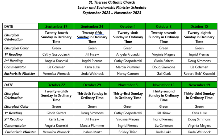 Lector and Eucharistic Schedule English - Saint Therese Catholic Church - Jackson, MS